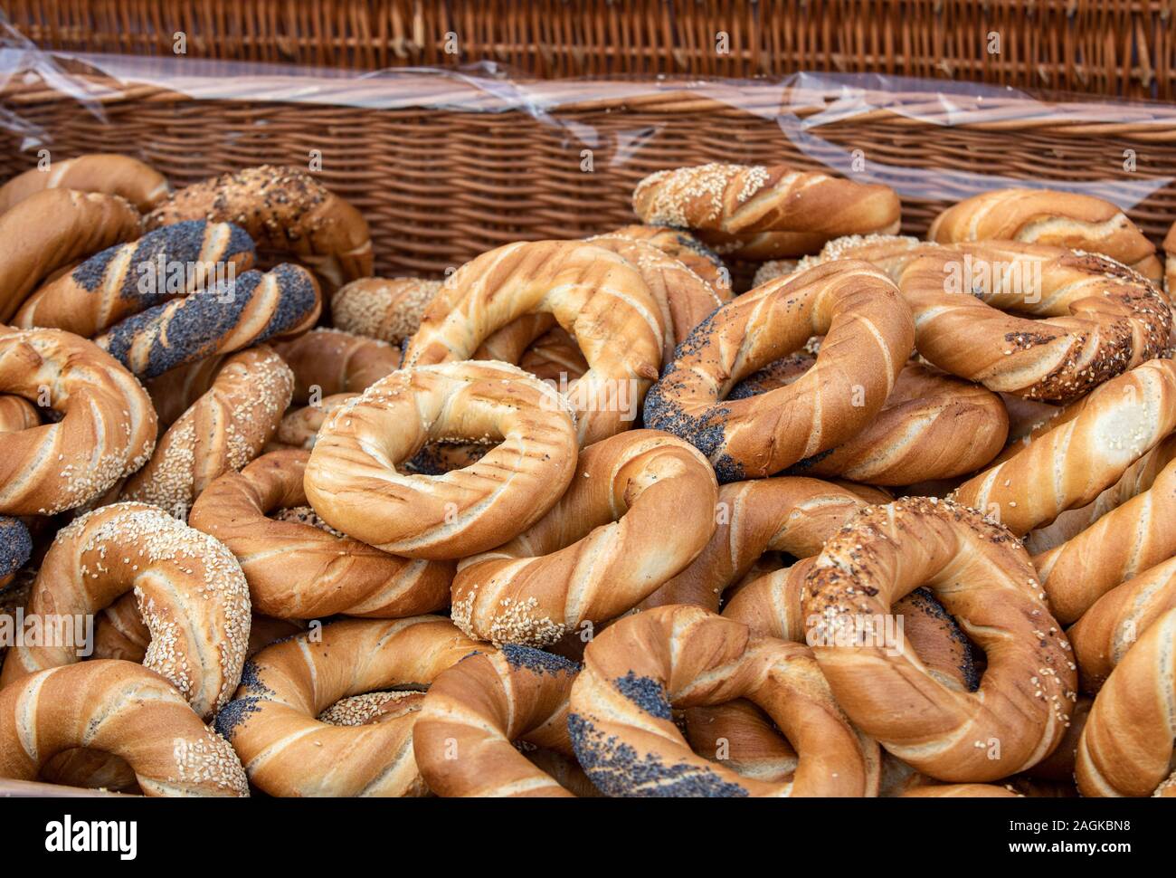 Traditional Cracovian prezels with salt, poppy and sesame seeds Stock ...