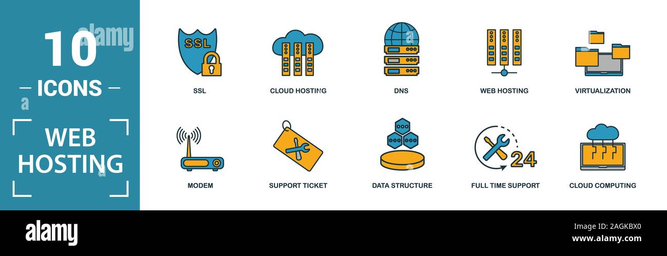 Web Hosting icon set. Include creative elements data structure, cloud technology, ssd, file ...