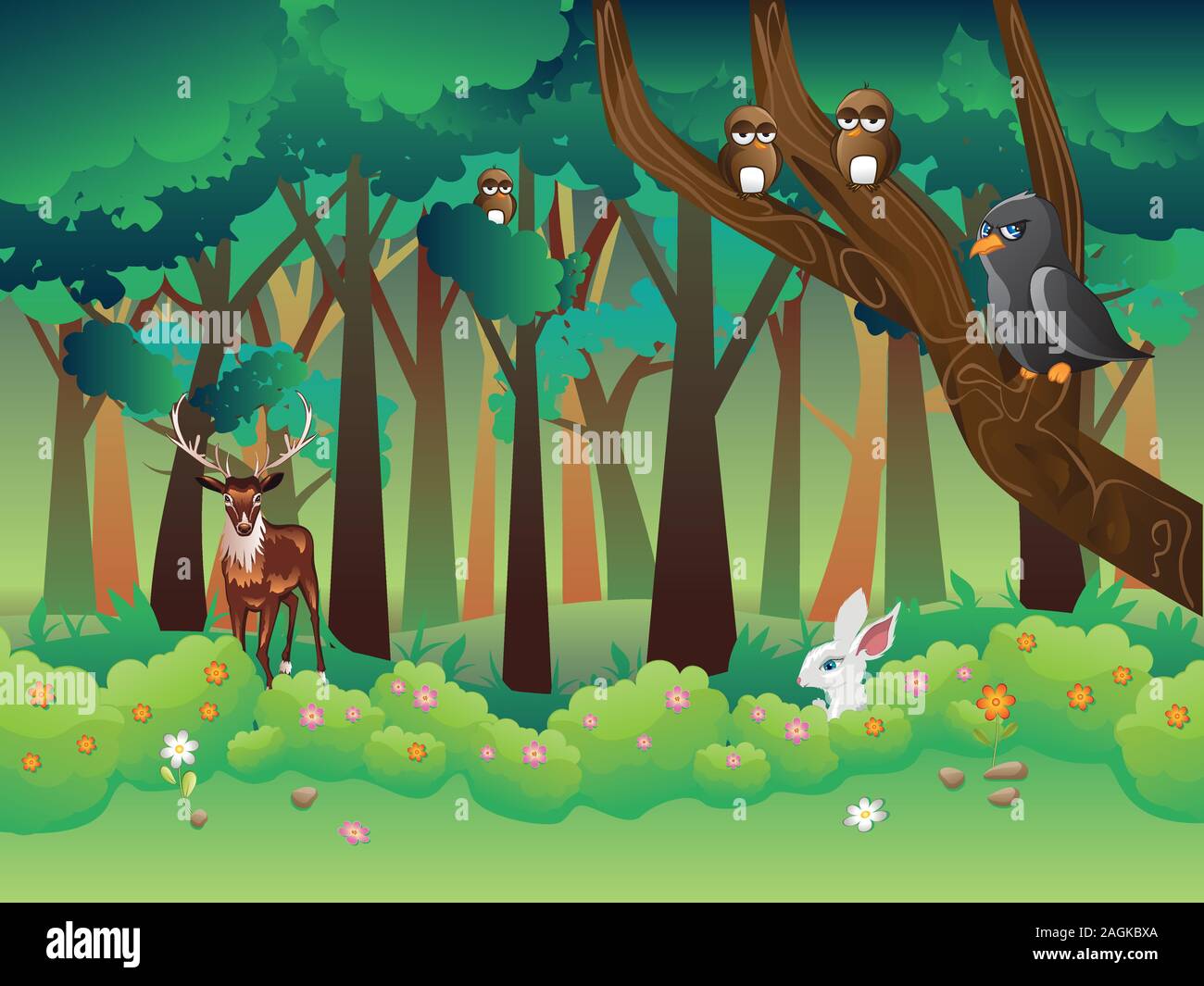 Cartoon summer forest landscape with green shrubs, trees and cute ...