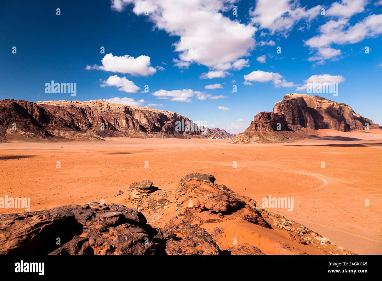 Wadi Rum, landscapes of sandy desert, and view of eroded rocky ...