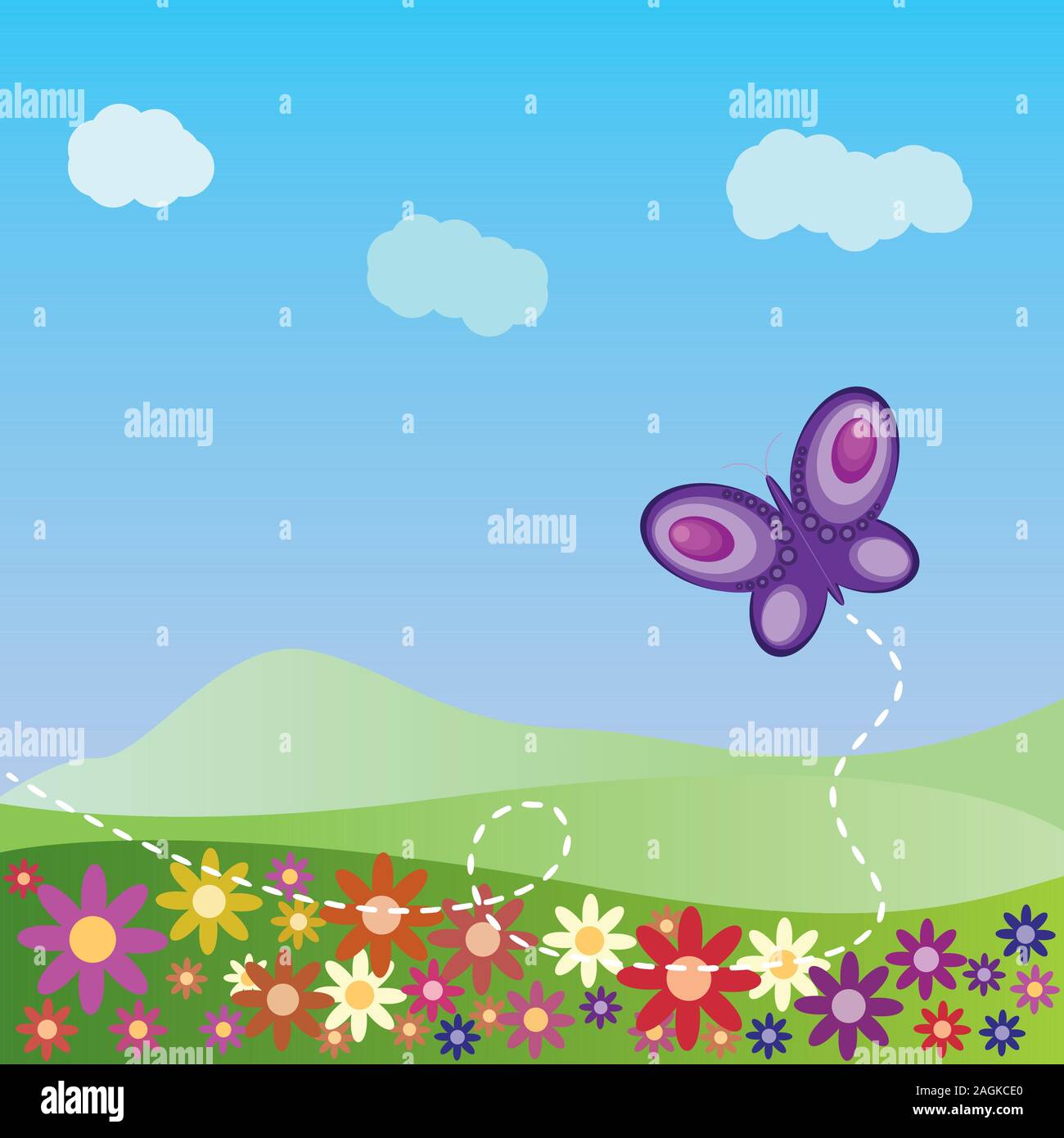 Illustration of summer landscape with flowers and butterfly background ...