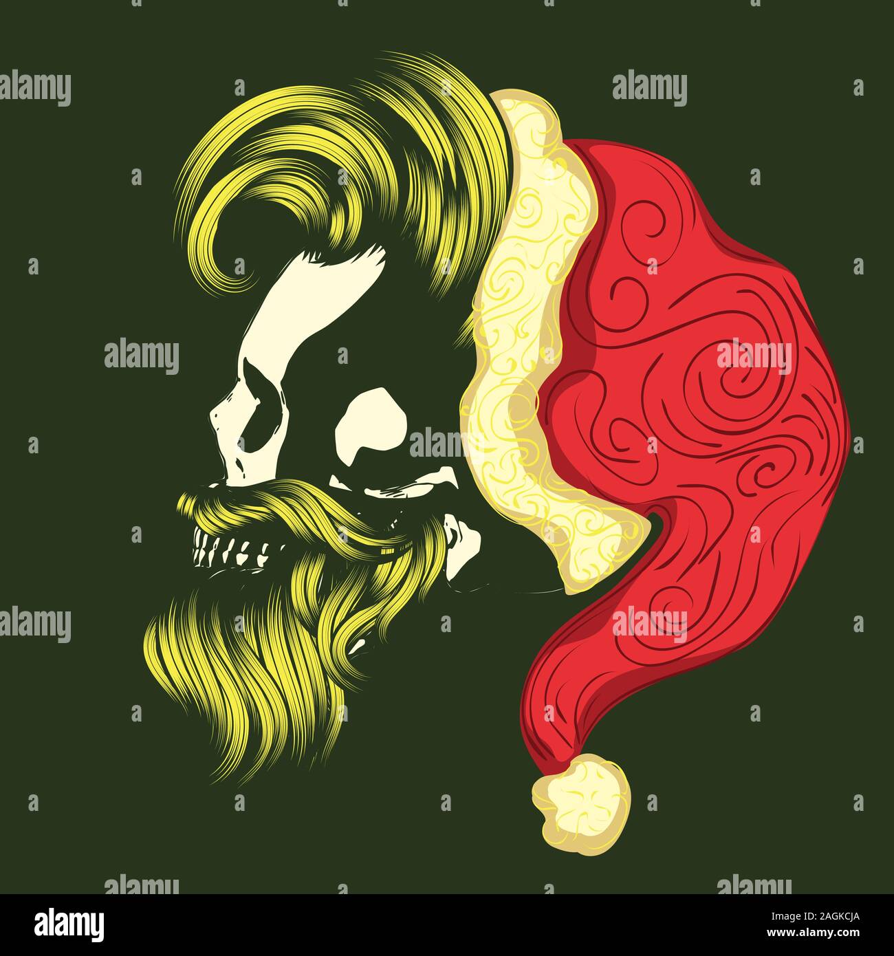 Christmas skull with modern hairstyle and beard wears santa cap ...