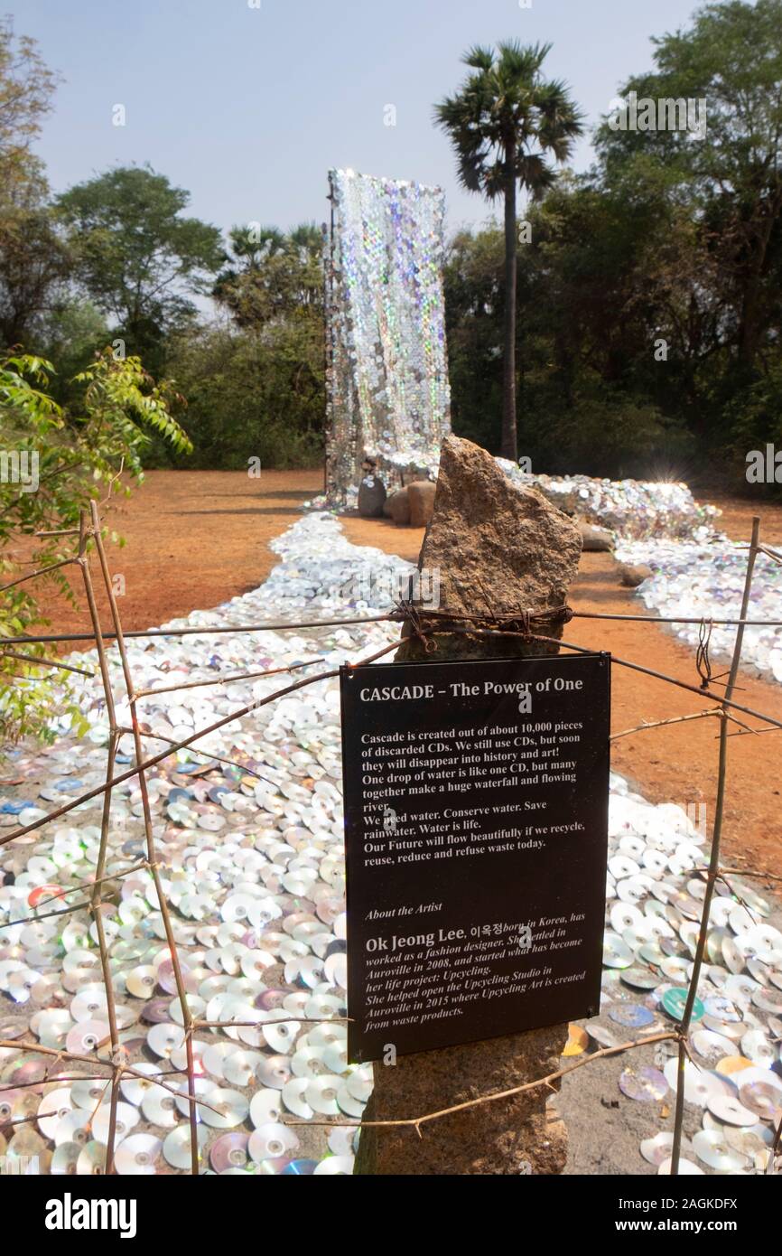 Cascade sculpture made from discarded compact discs in Auroville, Tamil ...