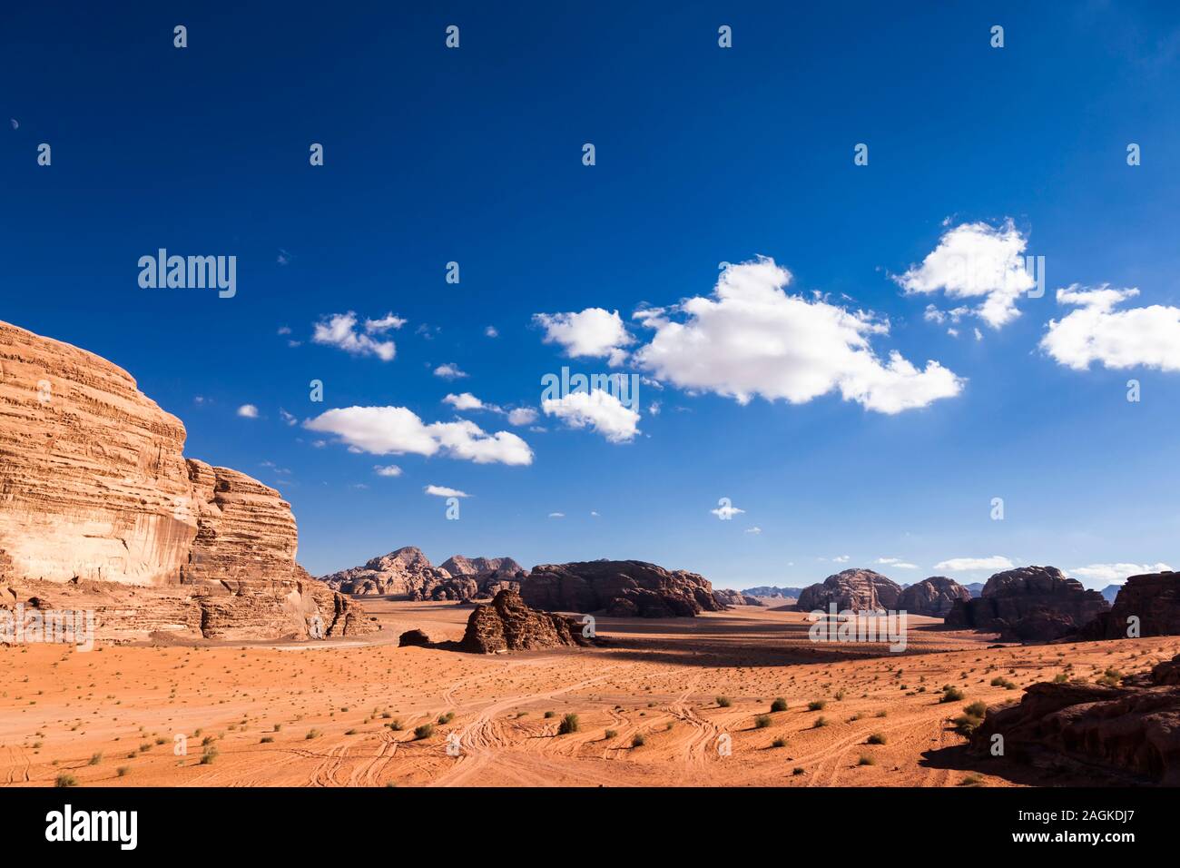 Wadi Rum, landscapes of sandy desert, and view of eroded rocky ...