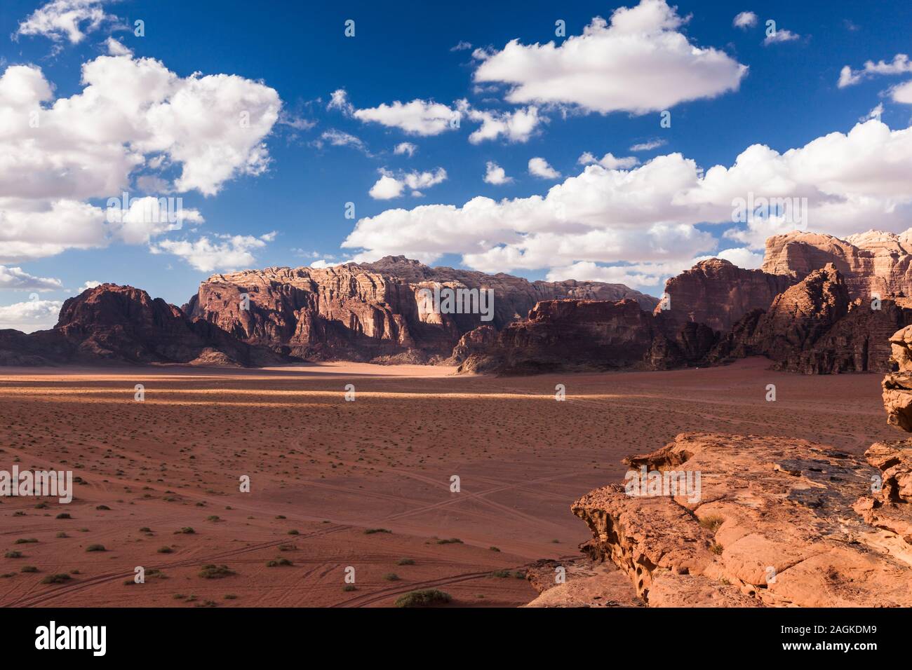 Wadi Rum, landscapes of sandy desert, and view of eroded rocky ...