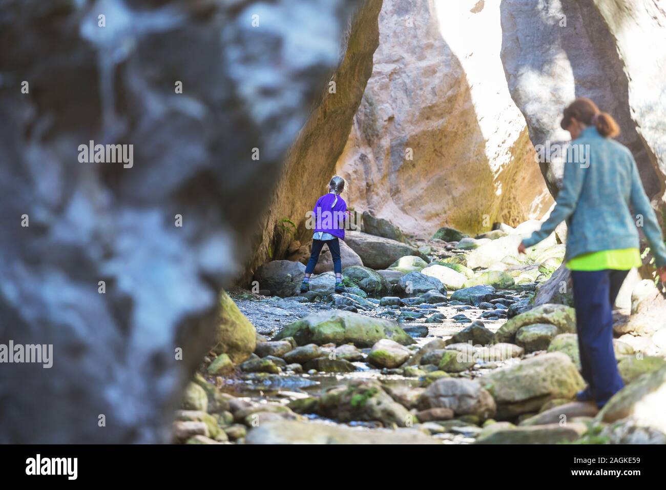 Tourist in Avakas Gorge. Paphos District, Cyprus. Famous small canyon ...