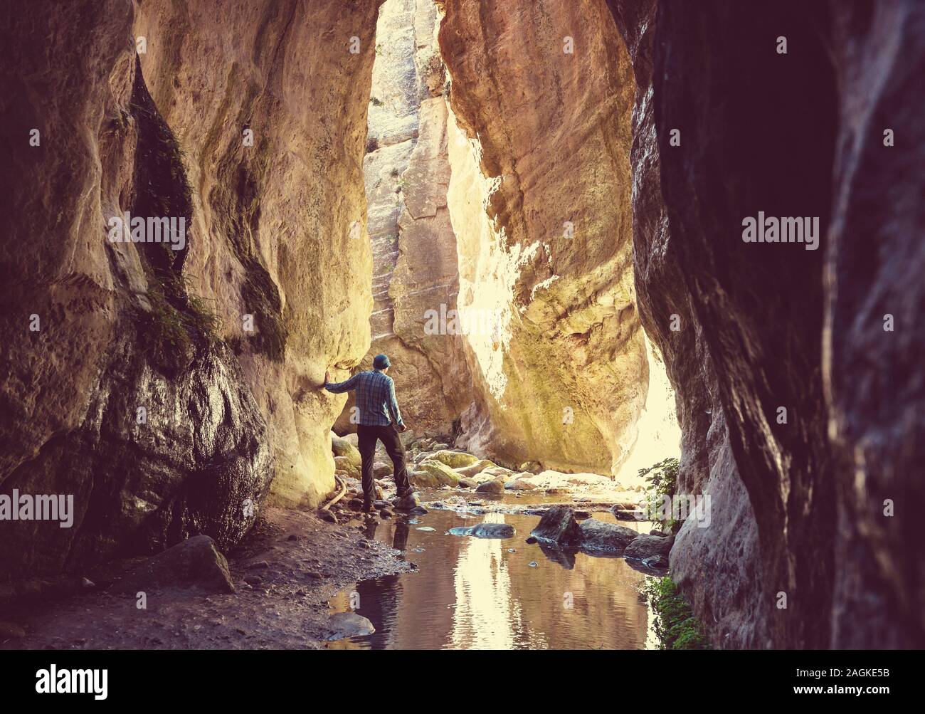 Tourist in Avakas Gorge. Paphos District, Cyprus. Famous small canyon ...