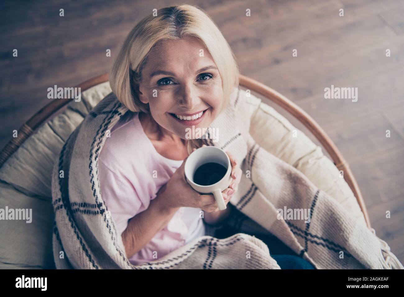 Top above high angle view photo of content positive middle aged woman ...