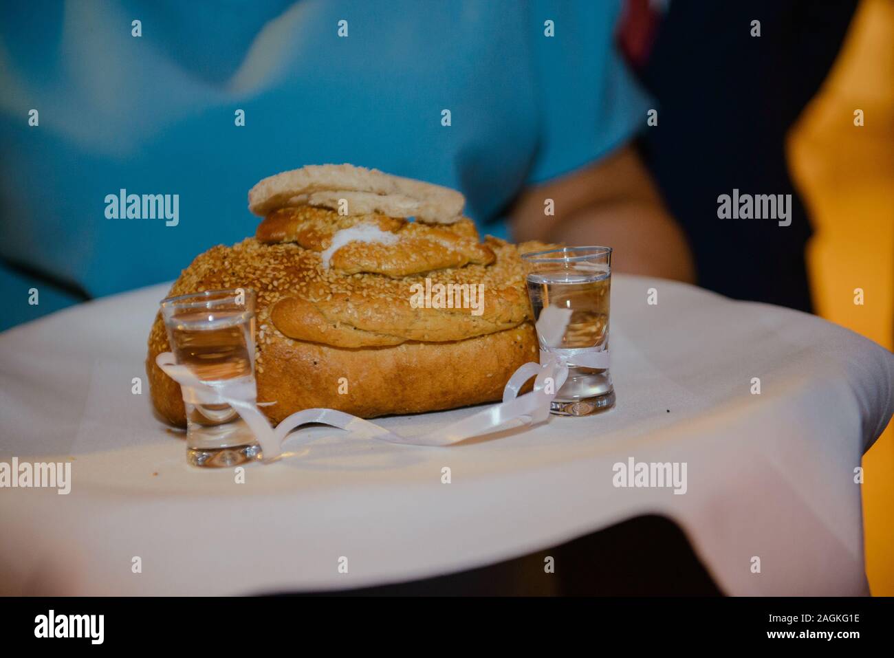 Traditional polish greeting the bride and groom by the parents with ...