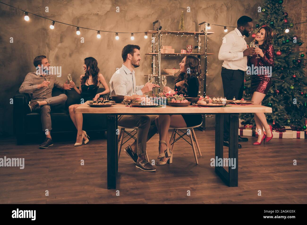 Full body profile side photo of cheerful couples hold champagne give ...