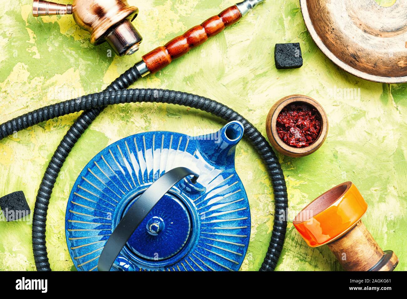 Details of tobacco hookah and teapot with tea.Egyptian smoking shisha ...