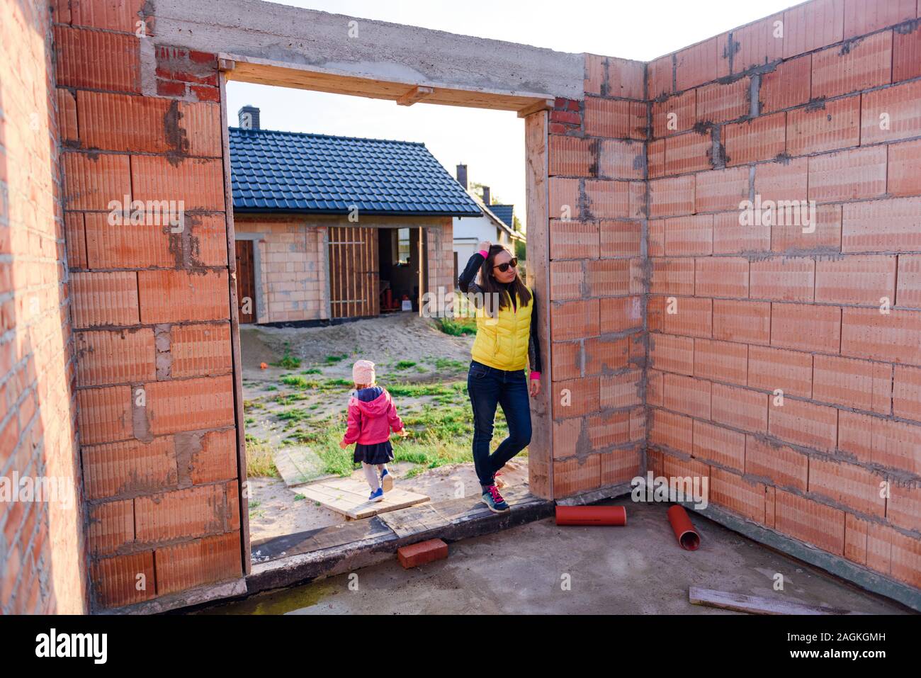 Interior of a Unfinished Red Brick House Walls under Construction ...