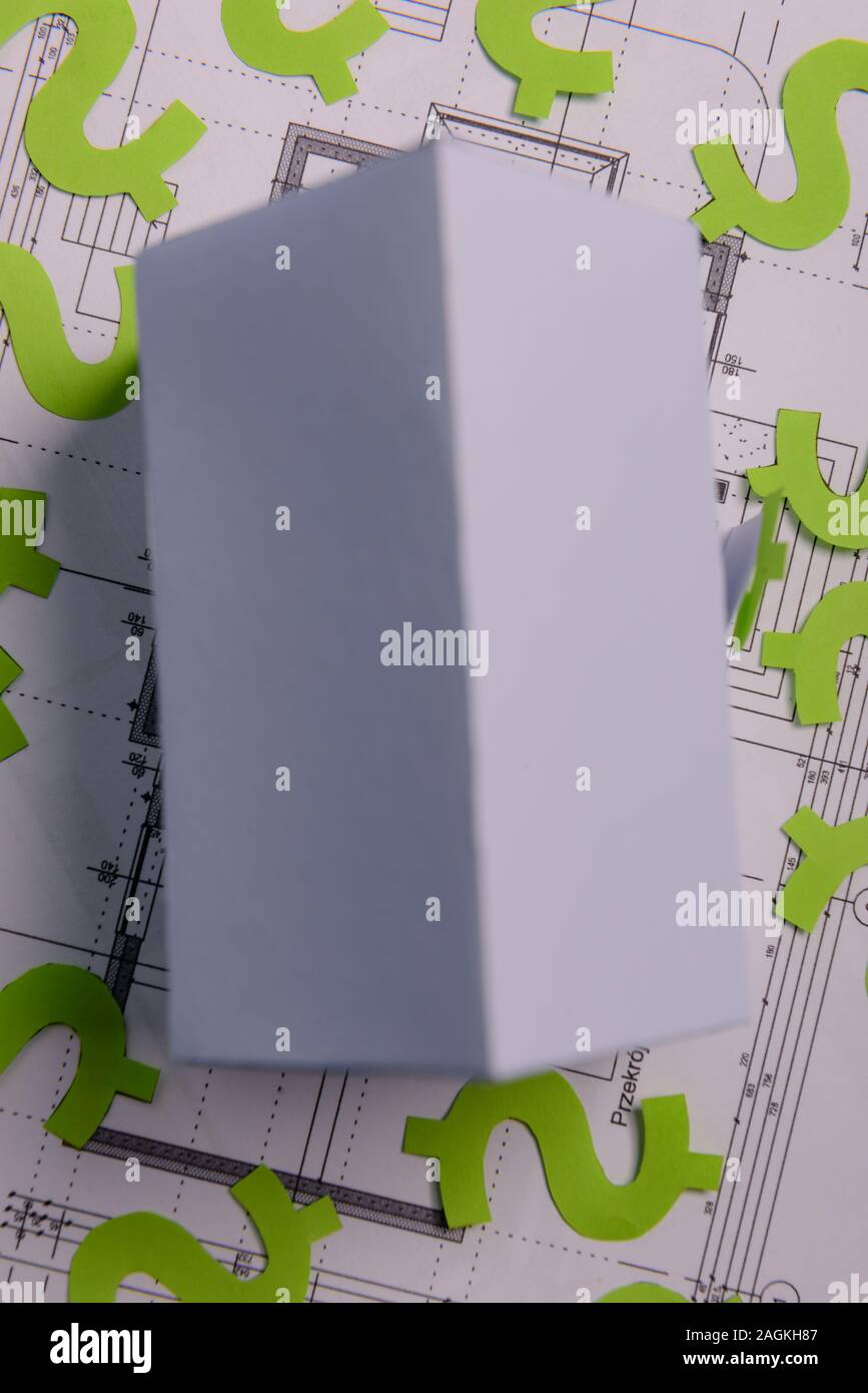 Paper skyscrapers , us dollar money, house projects plan and blueprints ...