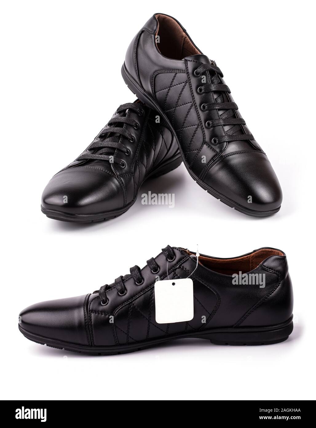 The Black leather boot with label on white Stock Photo - Alamy