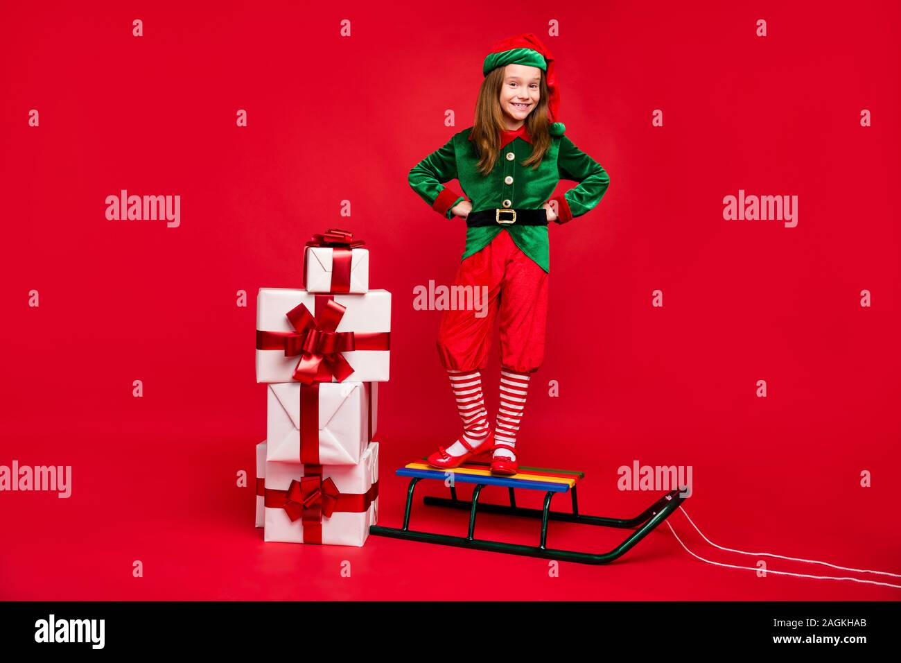 Full length body size view of nice attractive cheerful cheery glad ...