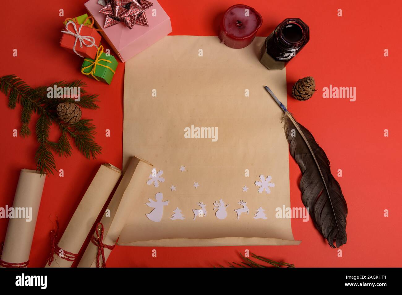 Empty letter for Santa Claus. Copy space. Red background Stock Photo ...