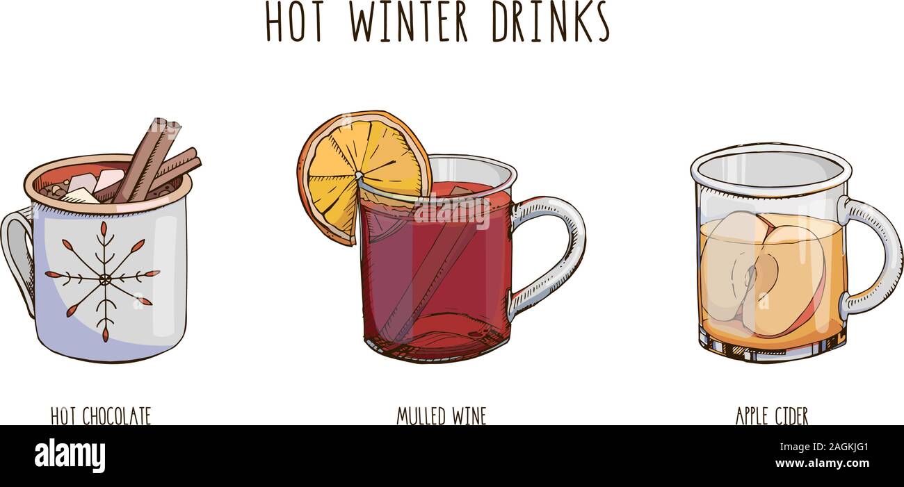 Set of popular hot winter drinks isolated on white. Colorful vector ...