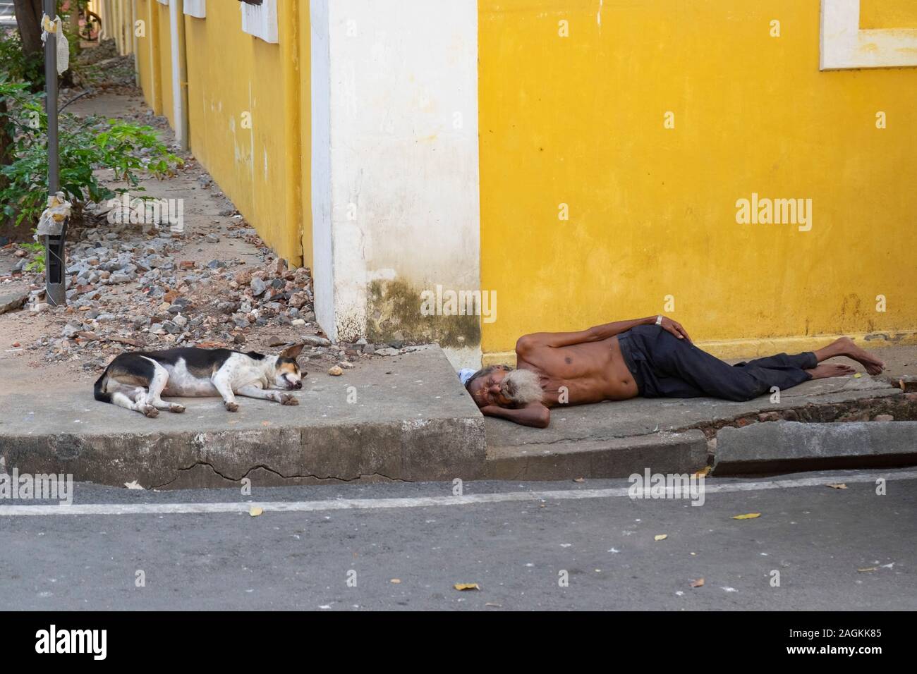 Homeless man and dog sleeping on sidewalk, Puducherry, Tamil Nadu ...