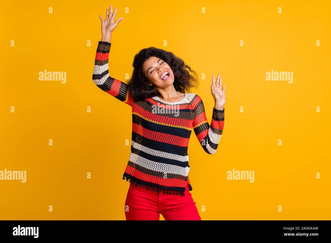 Portrait of crazy afro american girl have fun on weekends party want ...