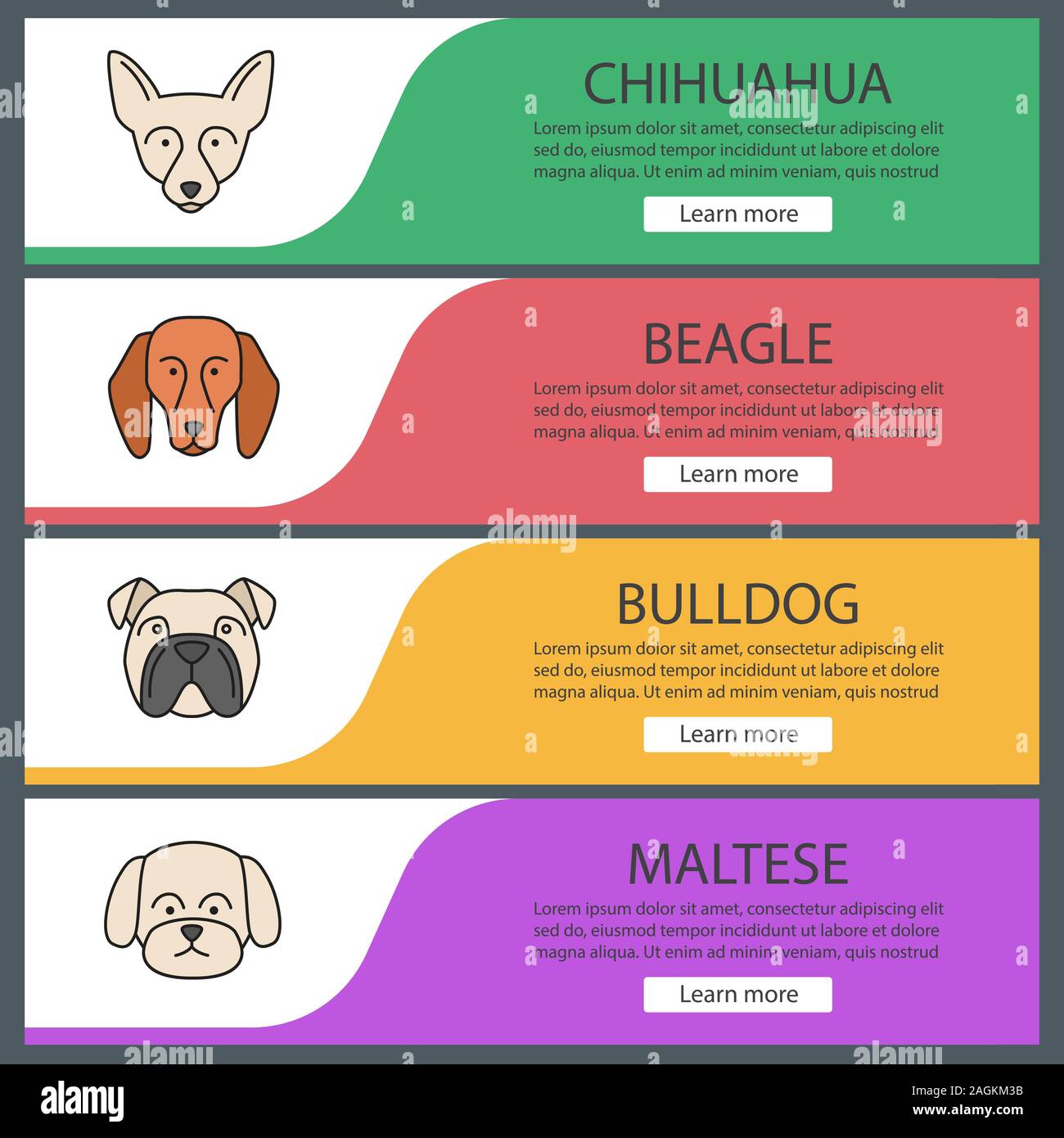 Dogs breeds web banner templates set. Website color menu items ...