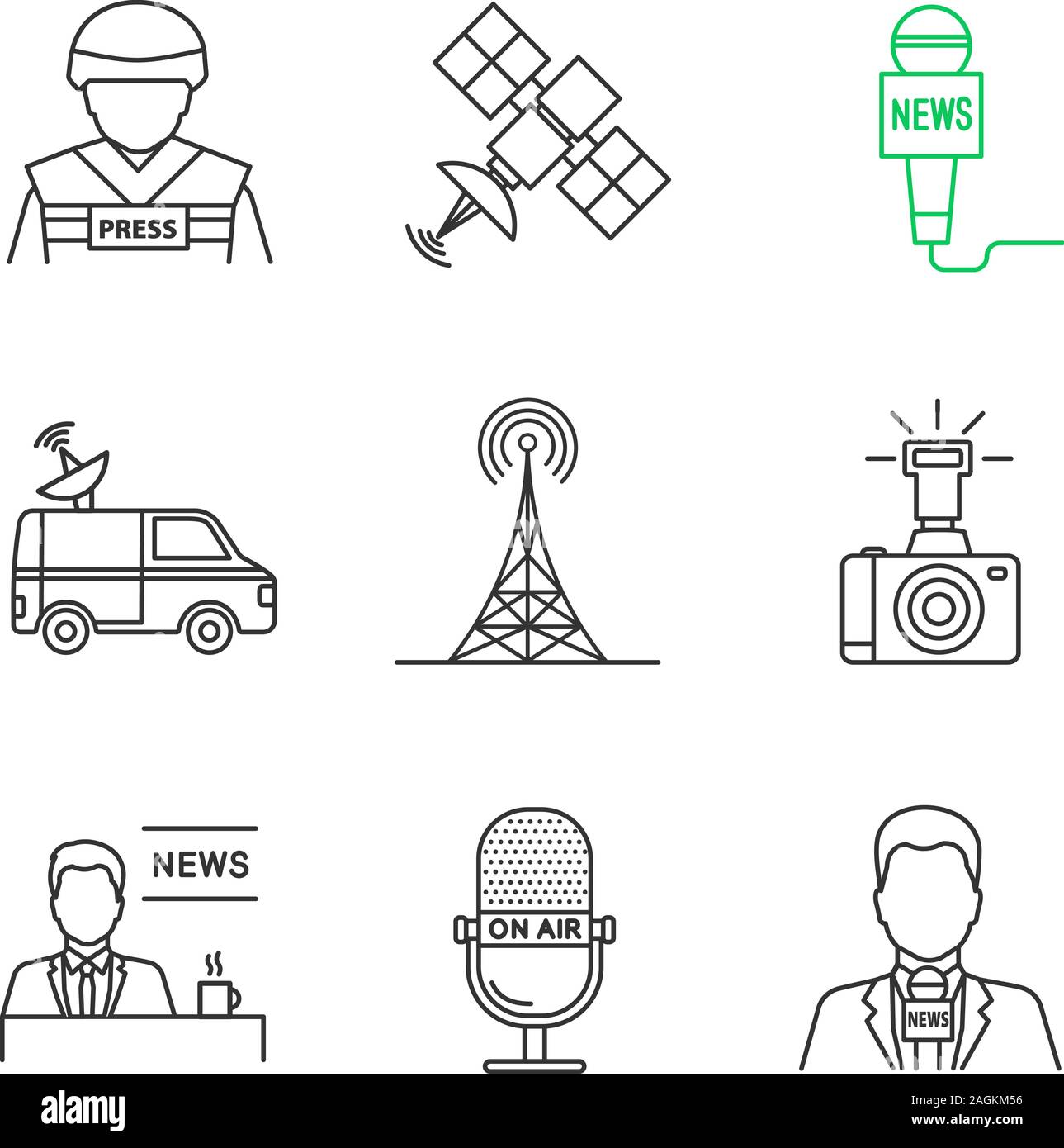 Mass media linear icons set. Press. War correspondent, satellite ... Mass media linear icons set. Press. War correspondent, satellite ...