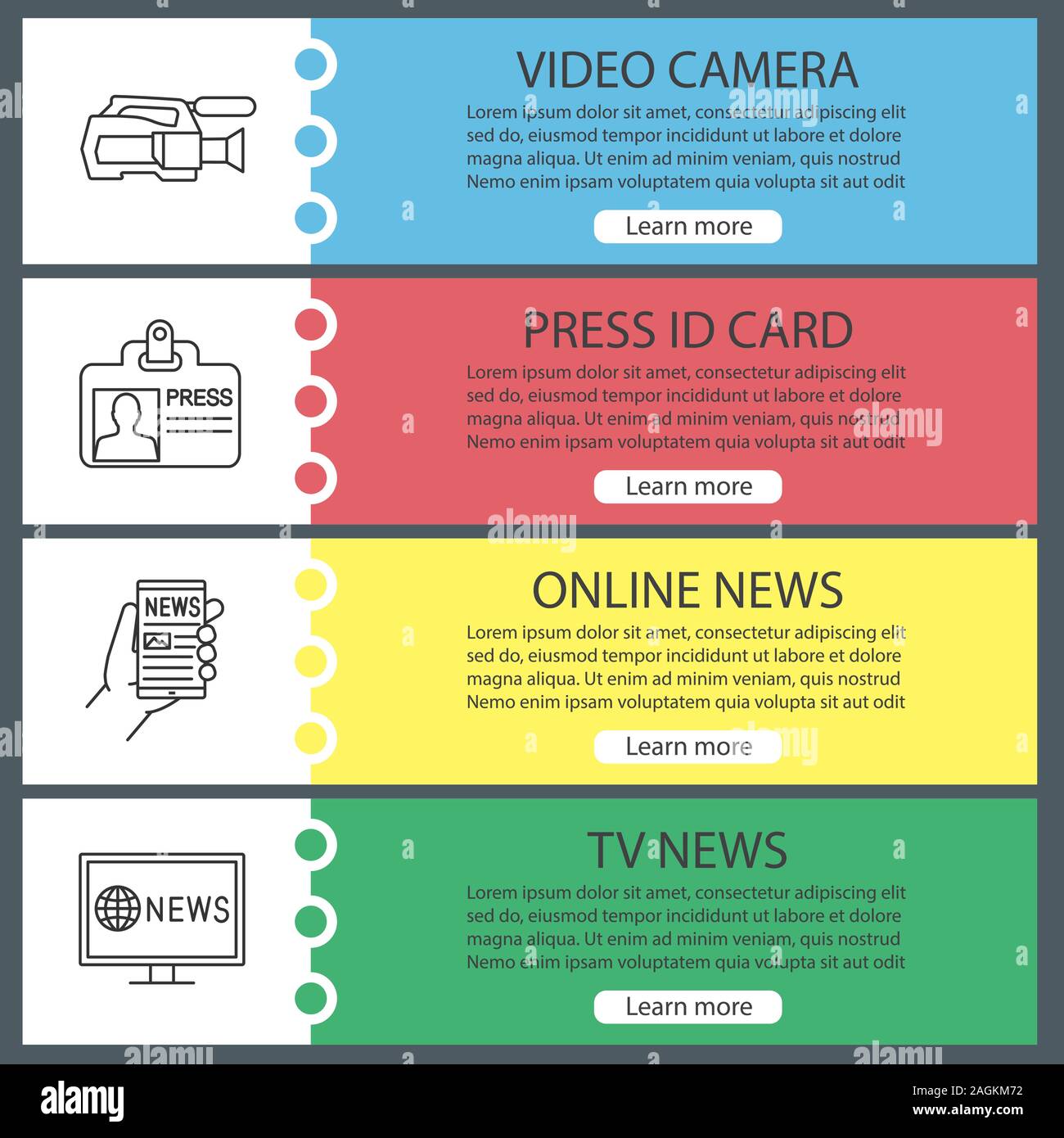 Mass media web banner templates set. Video camera, press ID card, TV ...