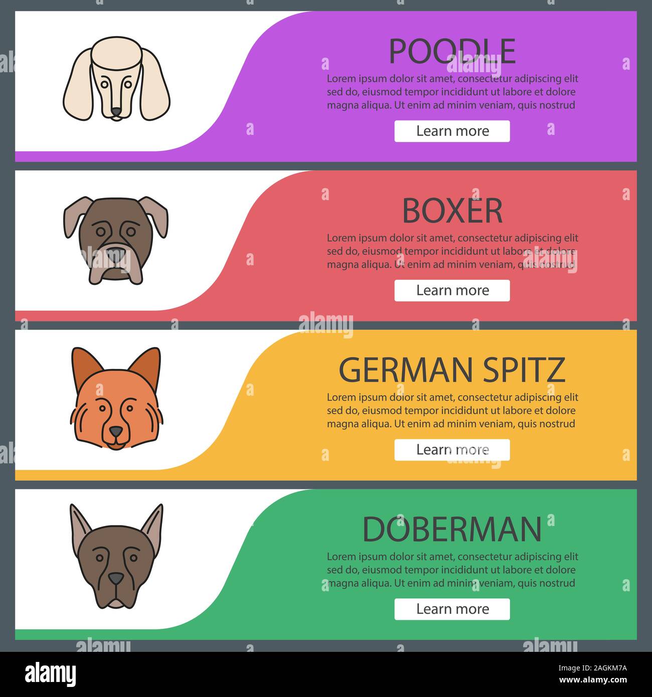 Dogs breeds web banner templates set. Website color menu items. Poodle ...