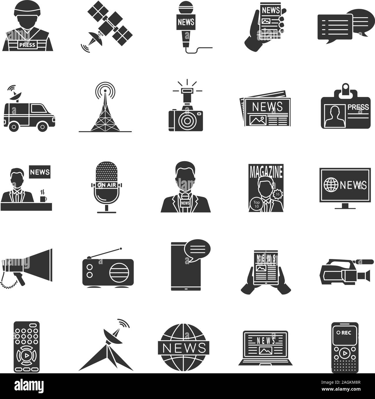 Mass media glyph icons set. Press. Television, radio broadcasting ...