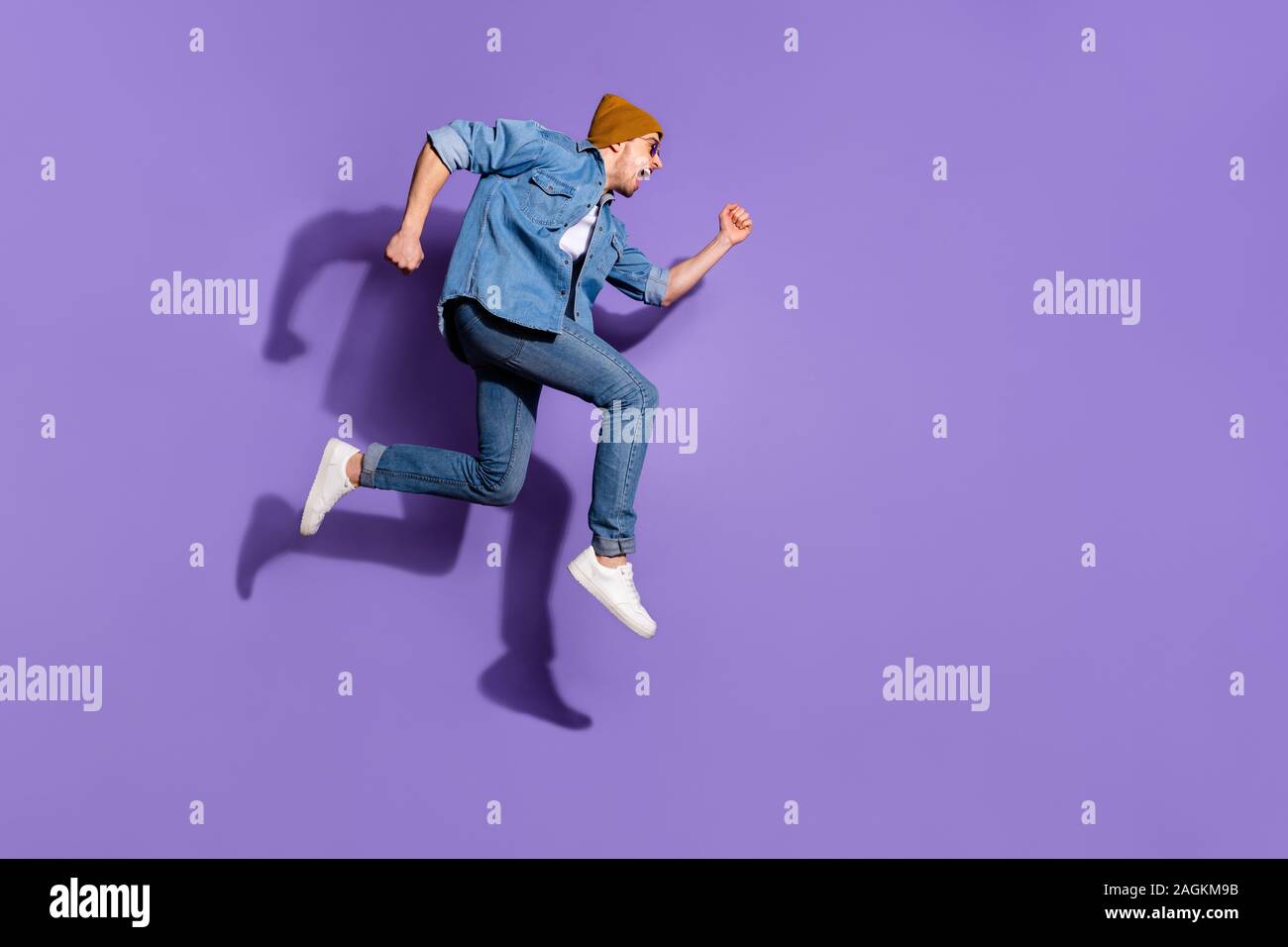 Full length body size photo of screaming fast quick running man in ...