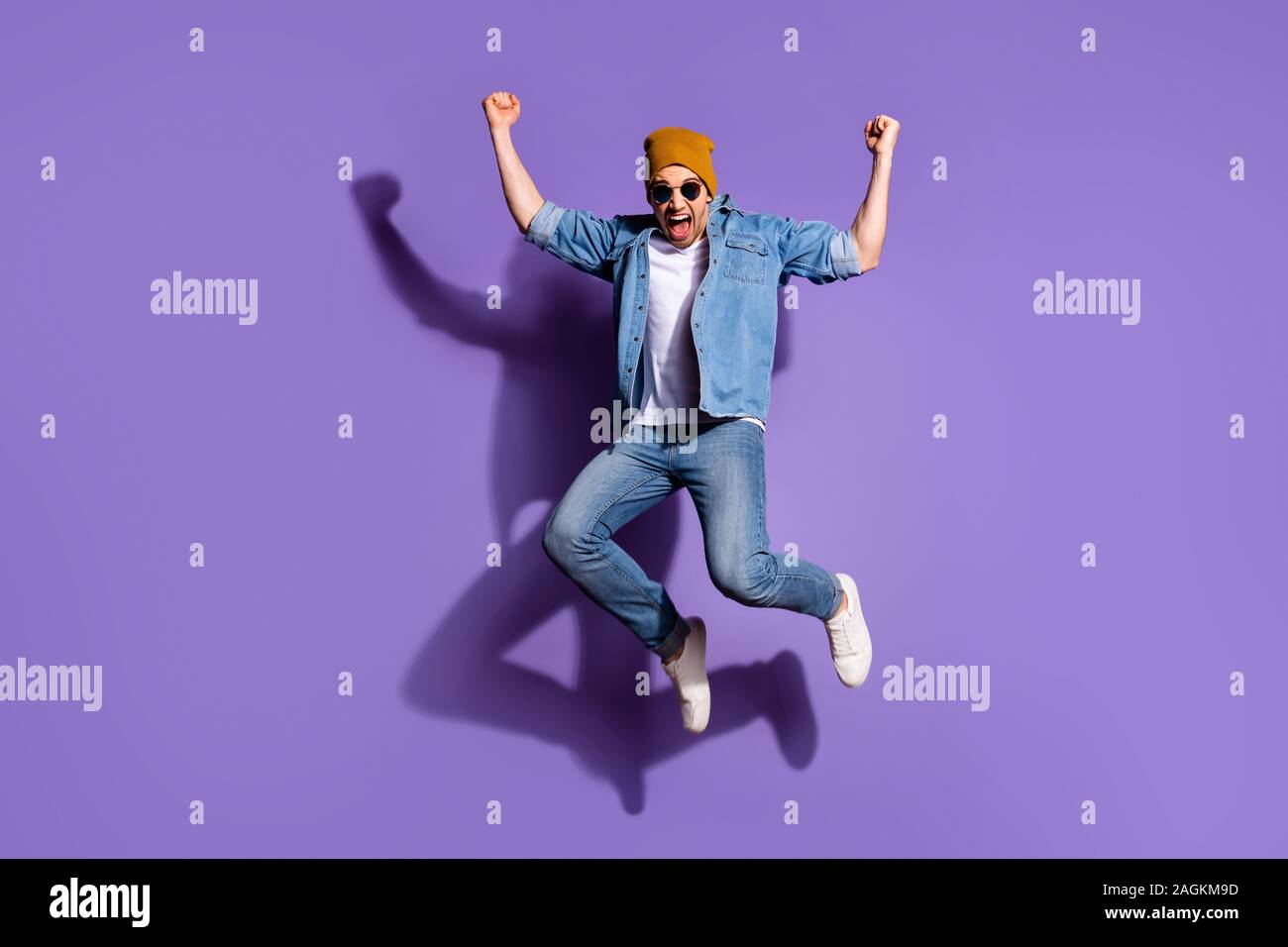 Full length body size photo of cheerful crazy positive strong screaming ...