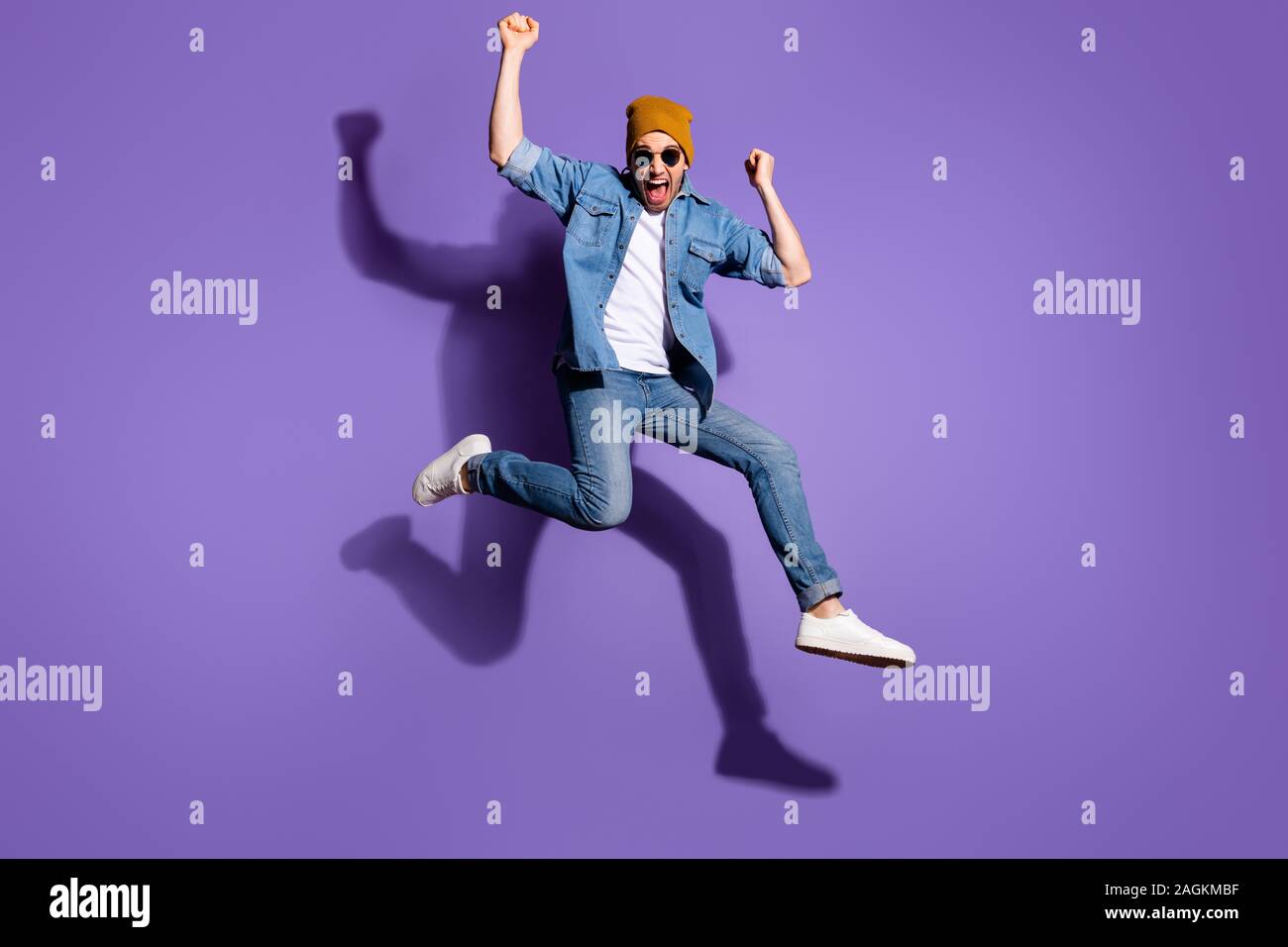 Full length body size photo of cheerful screaming shouting running fast ...