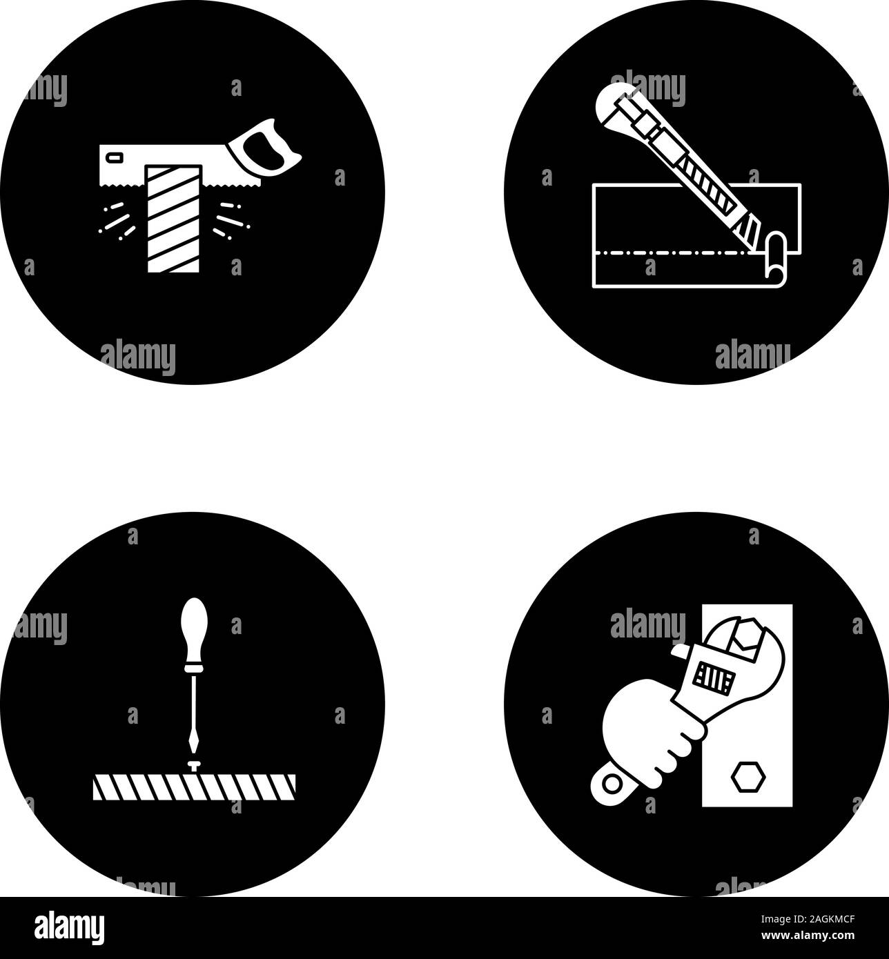 Construction tools glyph icons set. Tenon saw, stationery knife ...