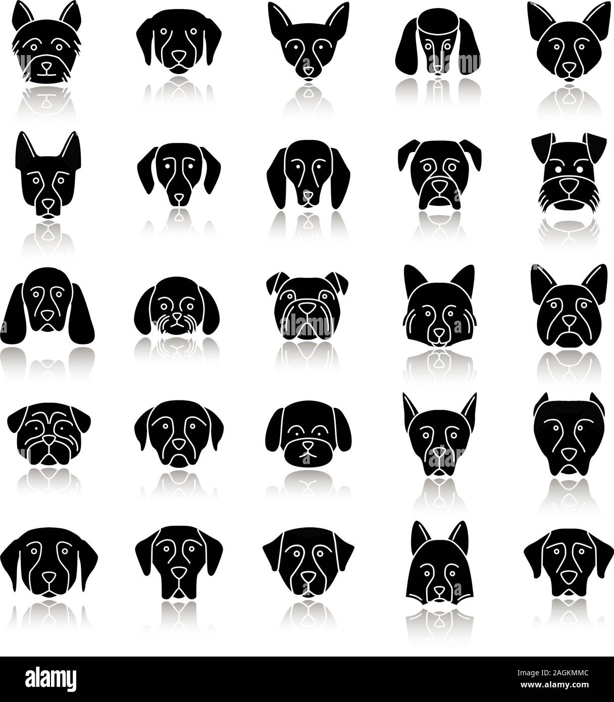Dogs breeds drop shadow black glyph icons set. Guide, guardian, hunting ...