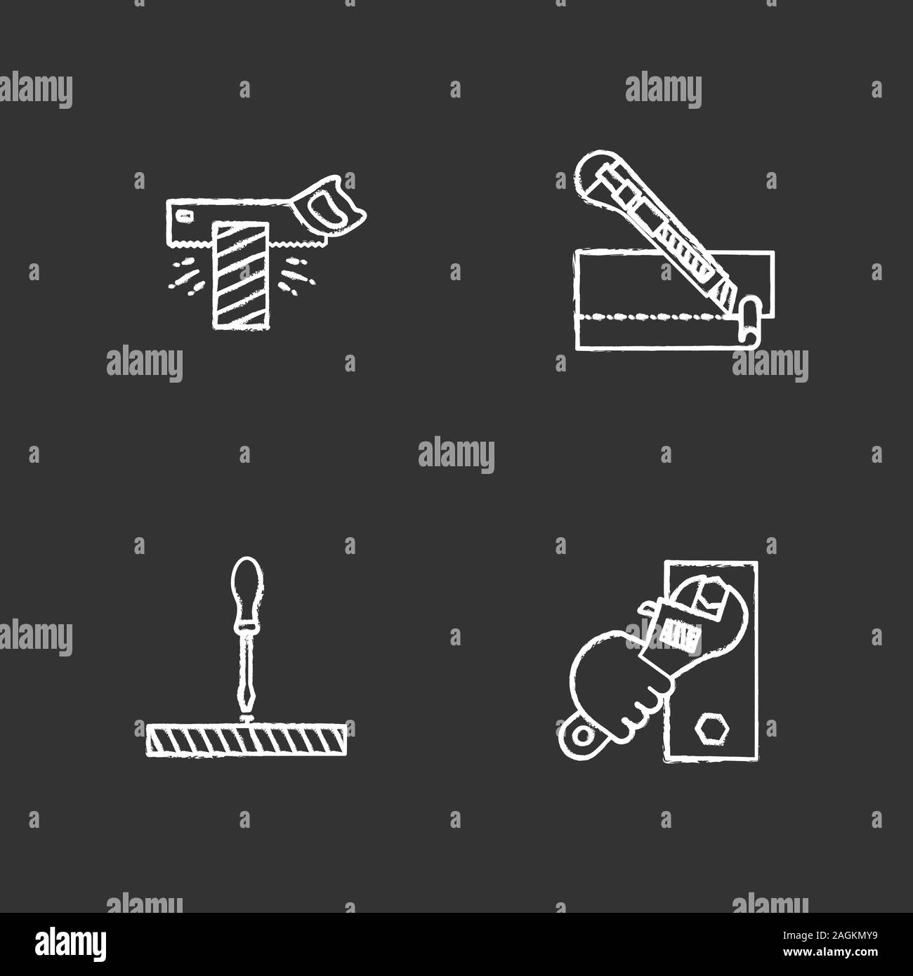 Construction tools chalk icons set. Tenon saw, stationery knife ...