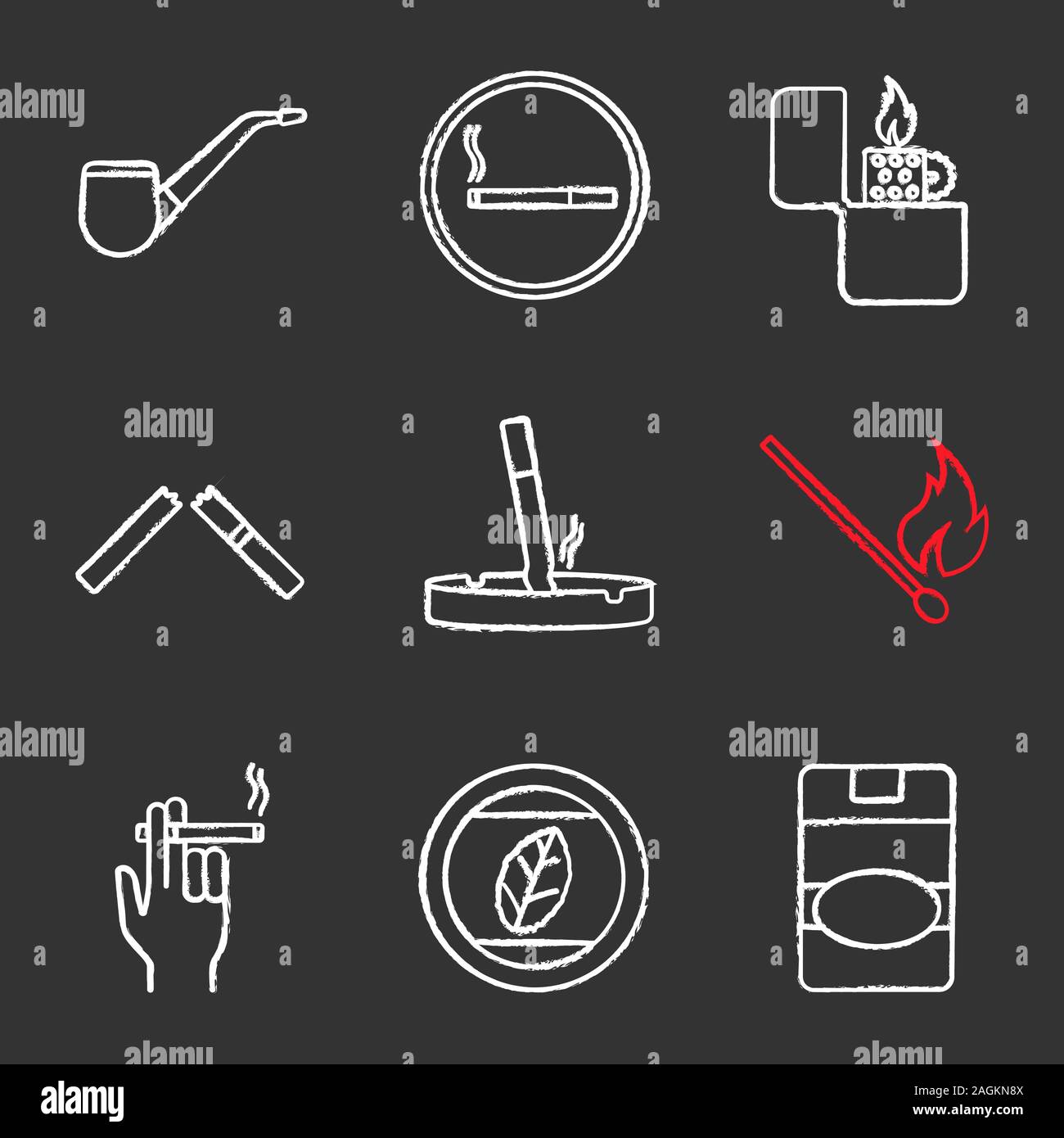 Smoking chalk icons set. Tobacco leaf and pipe, smoking area, flip ...