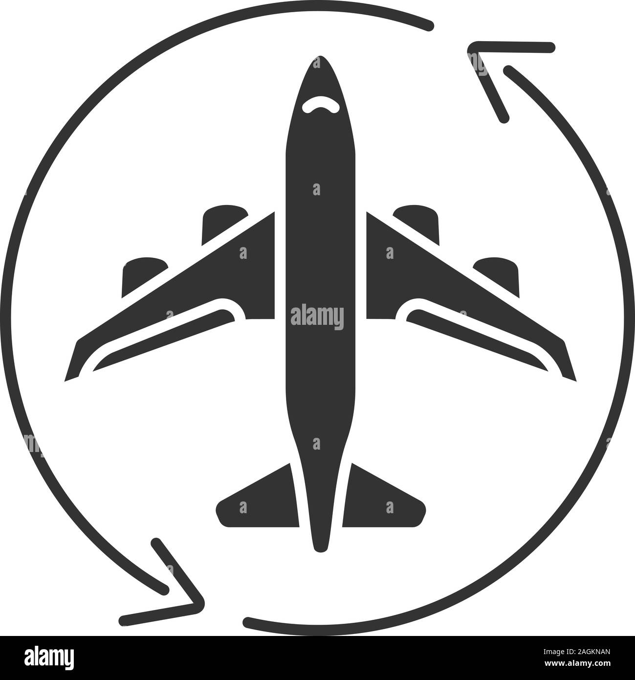Flight transit glyph icon. Circle arrow with airplane inside. Plane ...
