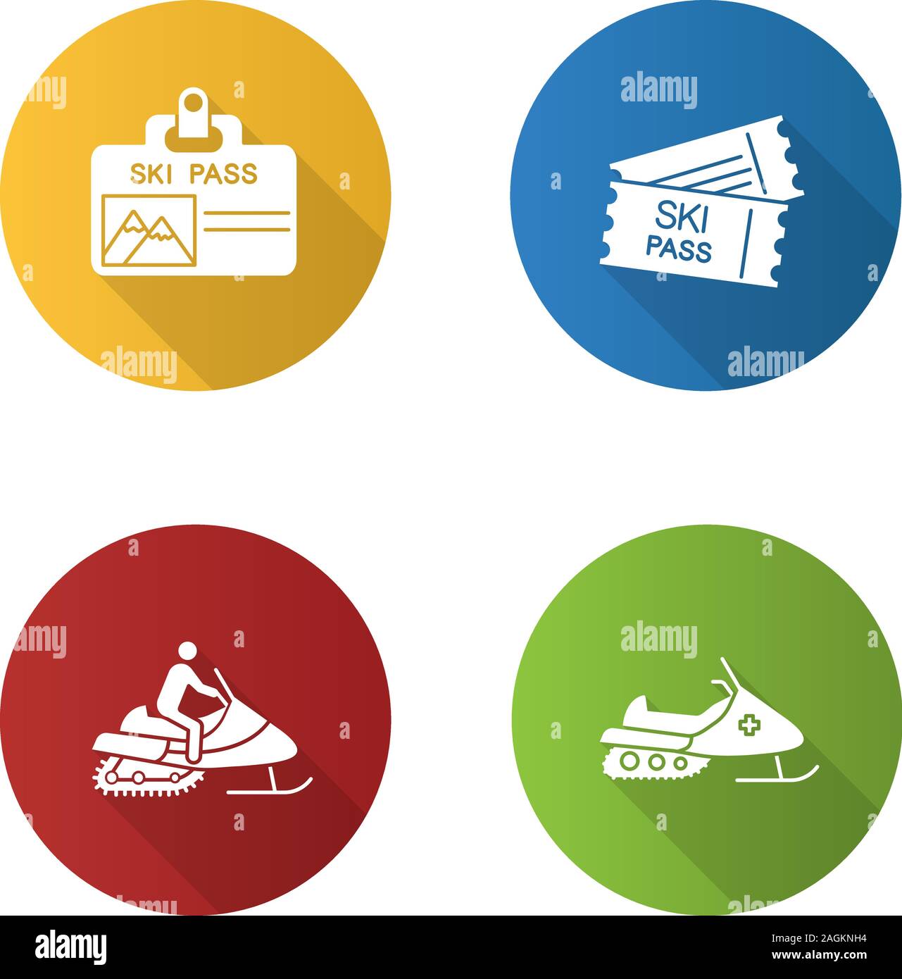 Winter activities flat design long shadow glyph icons set. Ski pass ...