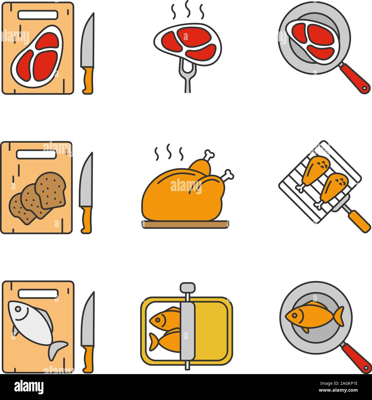 Food preparation color icons set. Cutting boards with bread, meat and ...