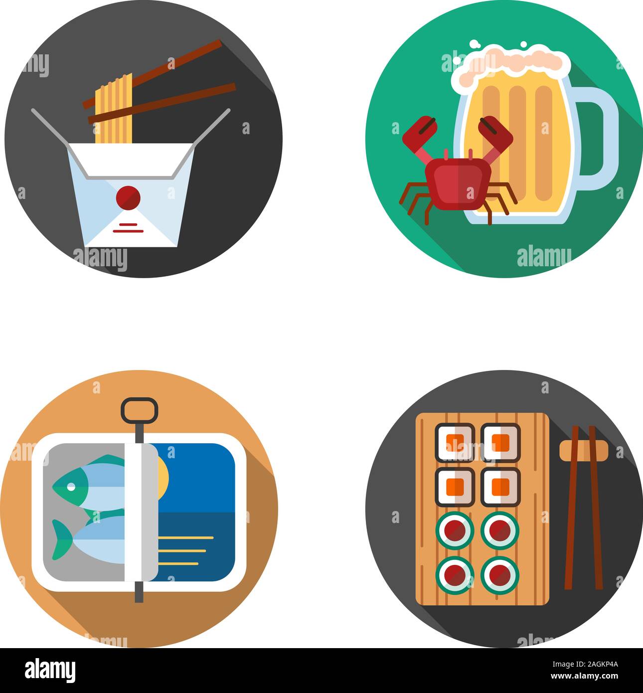 Food flat design long shadow color icons set. Noodles, beer mug with ...