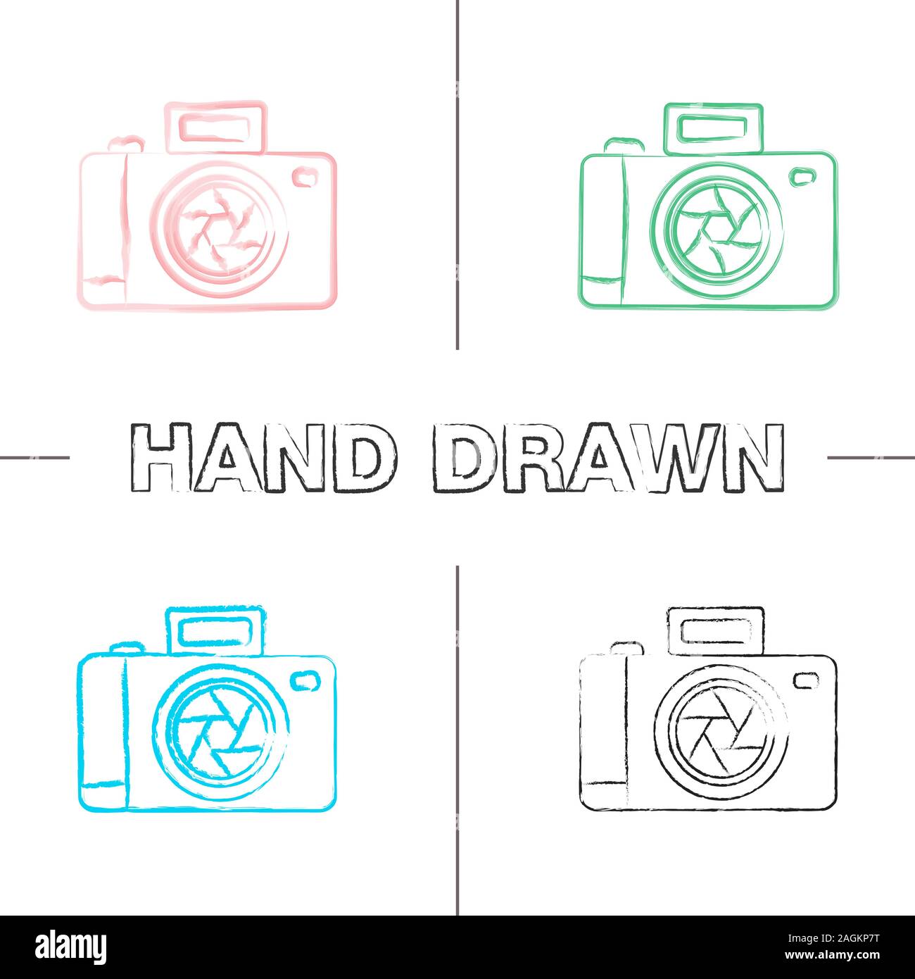 Professional photo camera hand drawn icons set. Color brush stroke ...