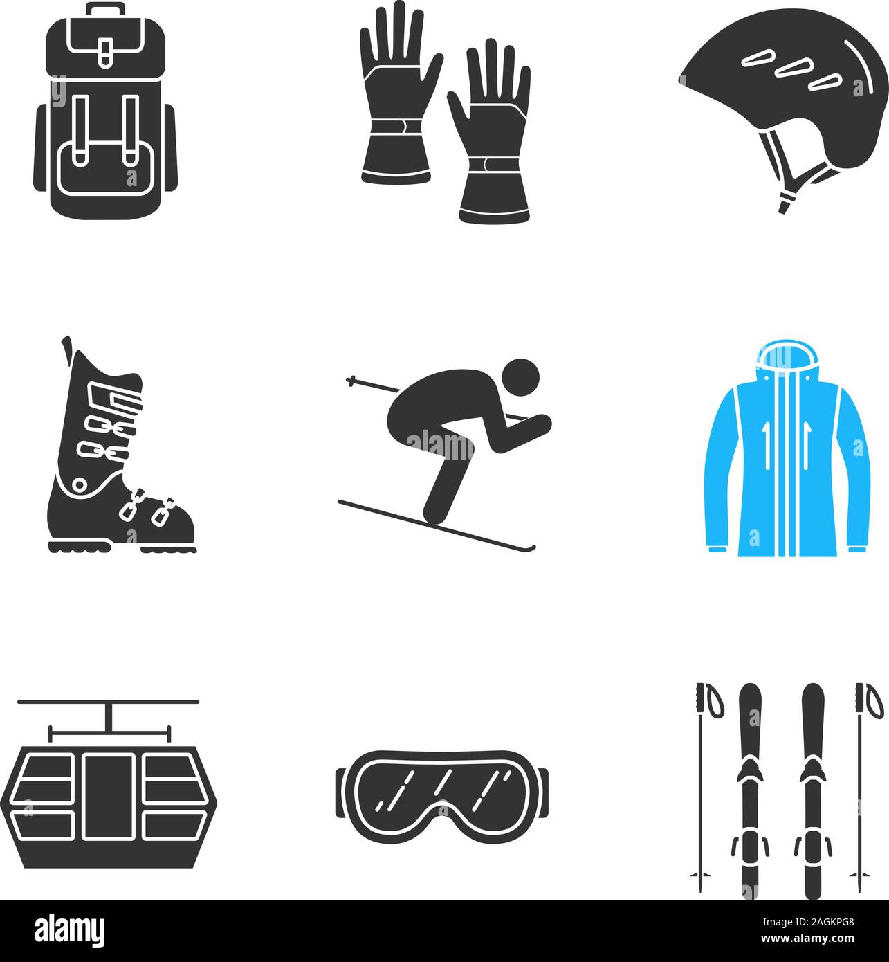 Winter activities glyph icons set. Backpack, gloves, goggles, helmet ...