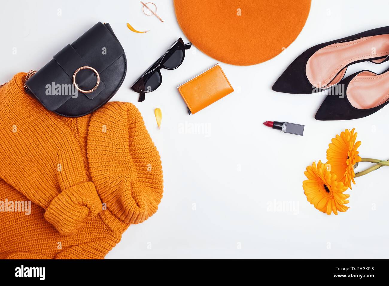 Stylish female clothes and accessories set, top view Stock Photo - Alamy