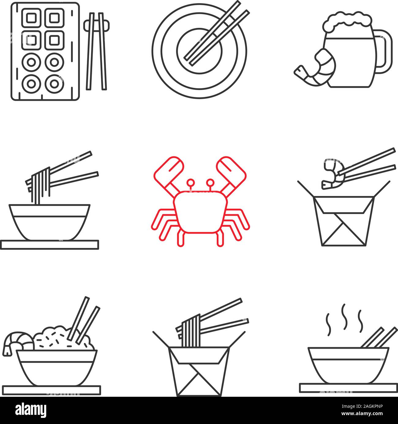 Chinese food linear icons set. Sushi, noodles, ramen, fried rice with ...