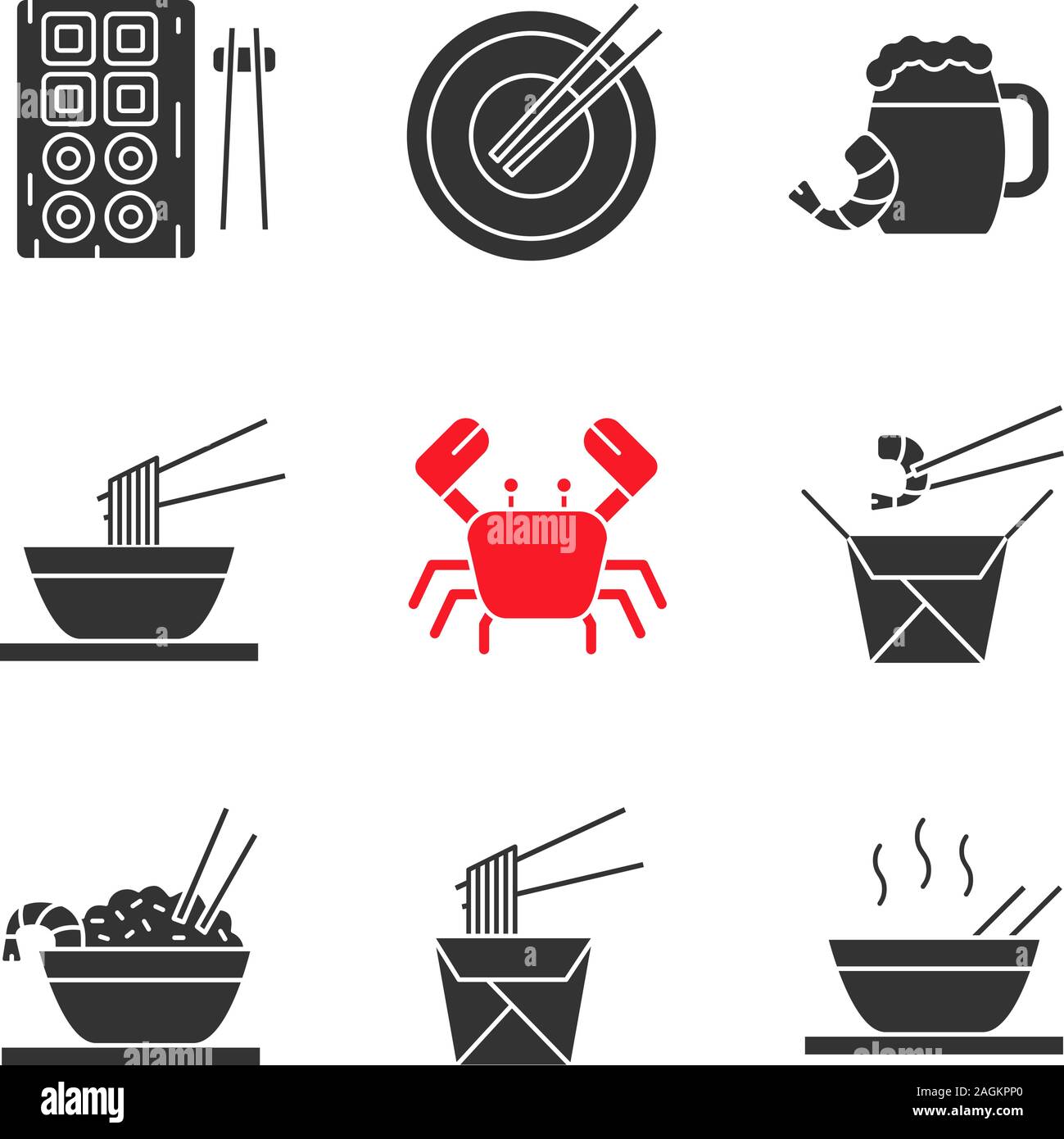 Chinese food glyph icons set. Sushi, noodles, ramen, fried rice with ...