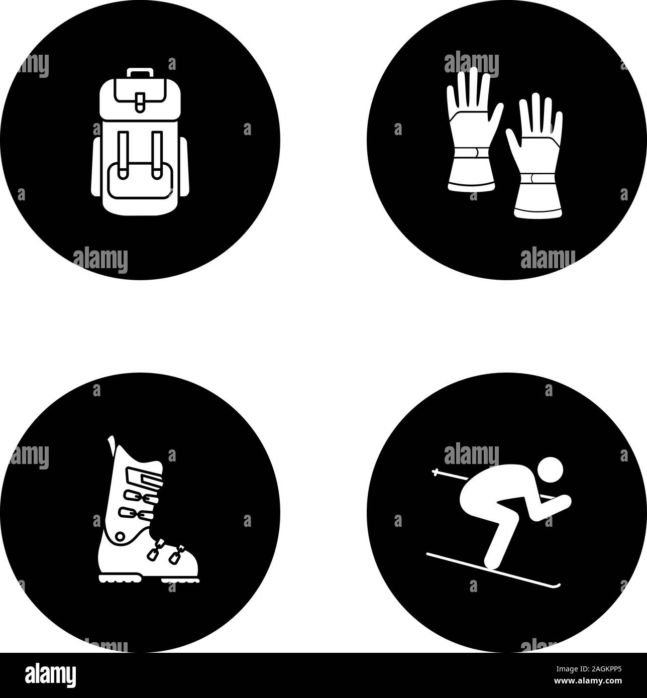 Winter activities glyph icons set. Backpack, skiing gloves and boots ...