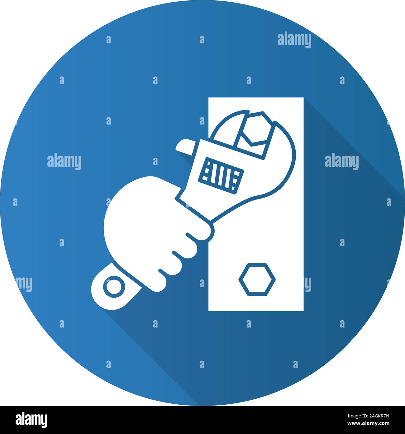 Hand holding wrench flat linear long shadow icon. Combination spanner ...