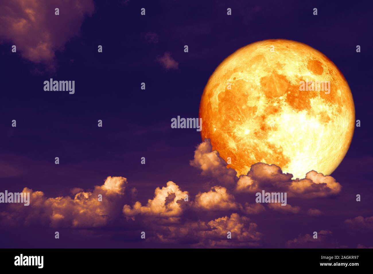 blood strawberry moon back on silhouette heap cloud on sunset sky ...