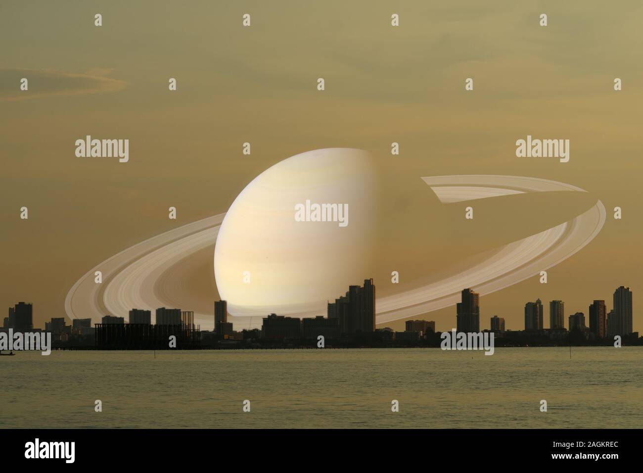 Saturn on night sky back silhouette city on sunset, Elements of this ...