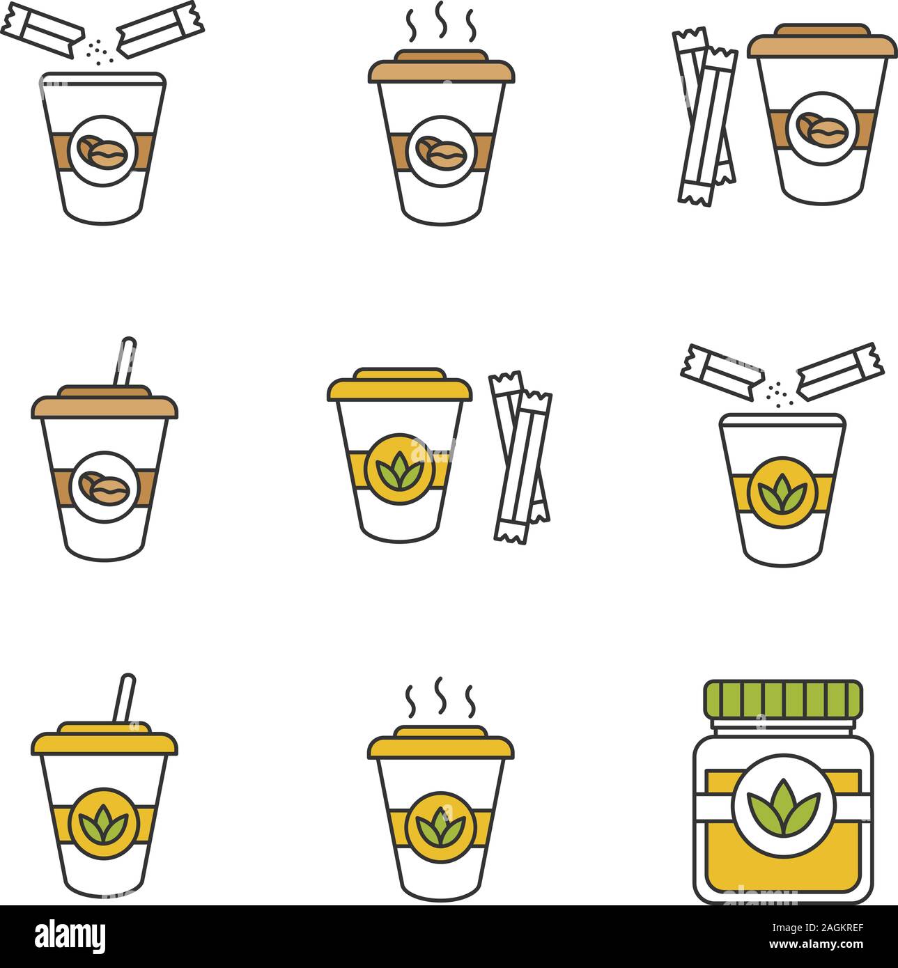 Coffee and tea drinks with sugar color icons set. Detox herbs and ...
