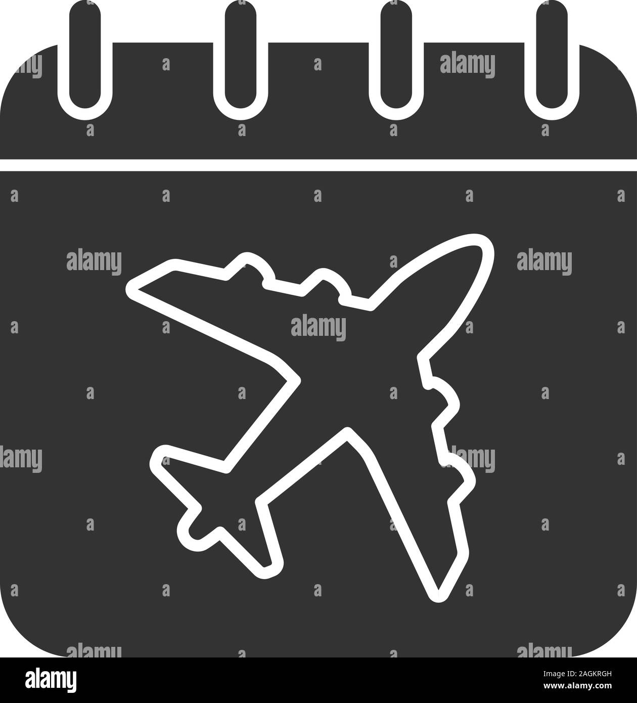 Flight date glyph icon. Calendar page with airplane. Plane departure ...